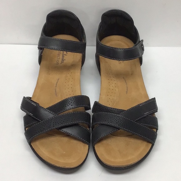 Clarks | Shoes | Clarks Collection April Poppy Black Leather Sandals ...